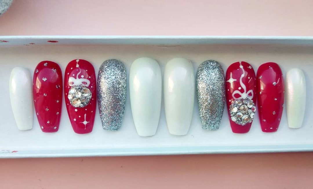 Winter Christmas Rhinestones Crystals False Nails • Holiday Xmas ...