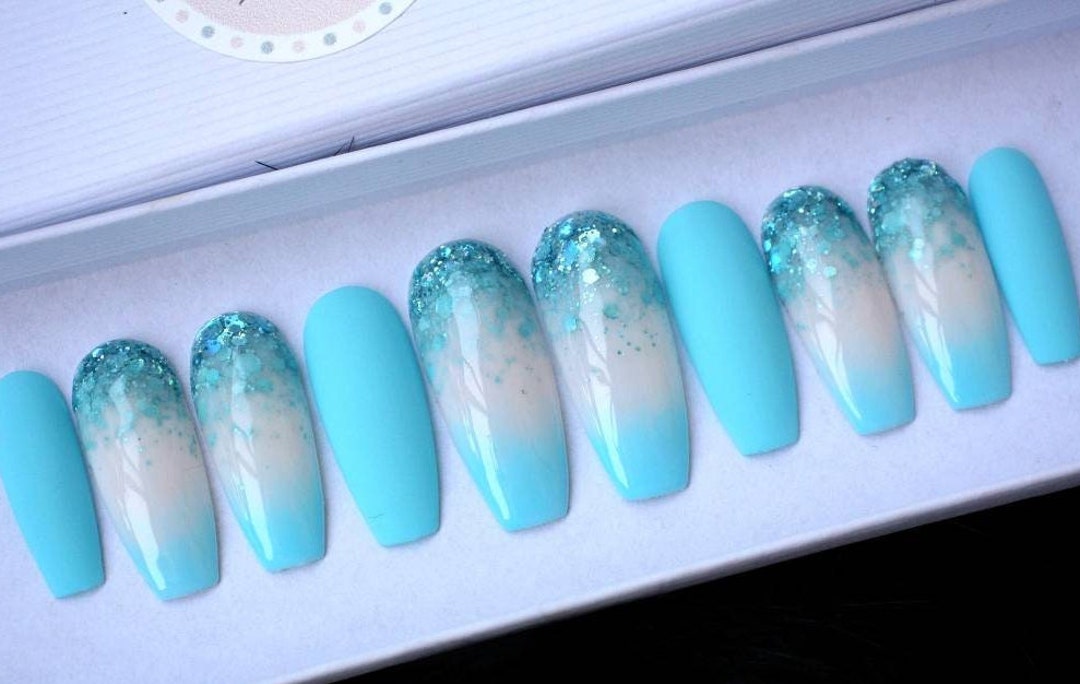 Sea Summer Dreams False Nails • Blue Glitter Fake Nails Matte Glue on ...