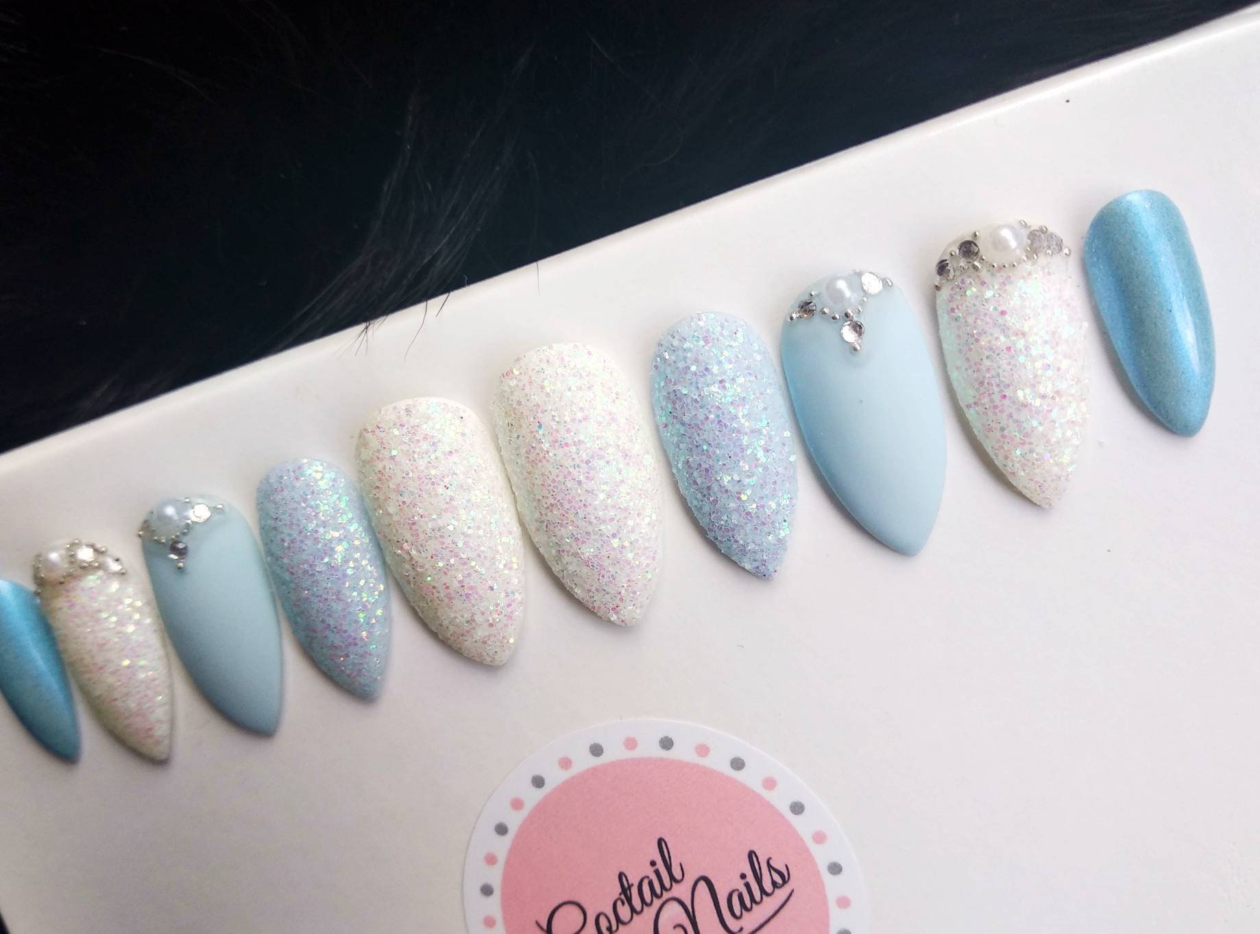 Princess Baby Blue Matte Crystal & Pearls Press on Nails - Etsy