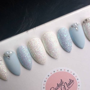 Princess Baby Blue Matte Crystal & Pearls Press on Nails • Winter False ...