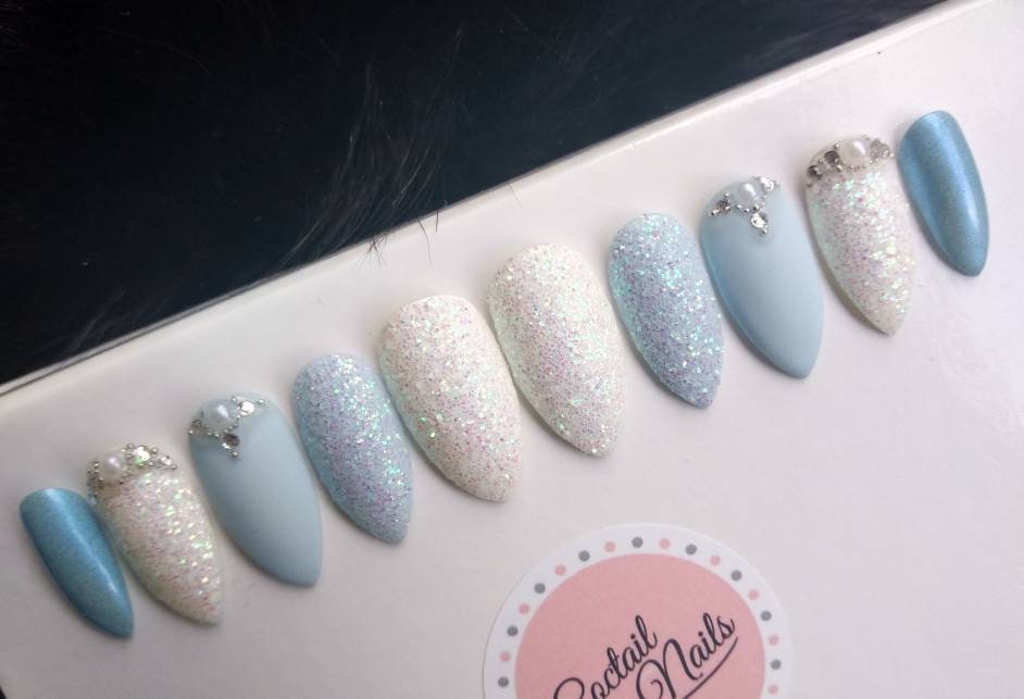 Princess Baby Blue Matte Crystal & Pearls Press on Nails - Etsy