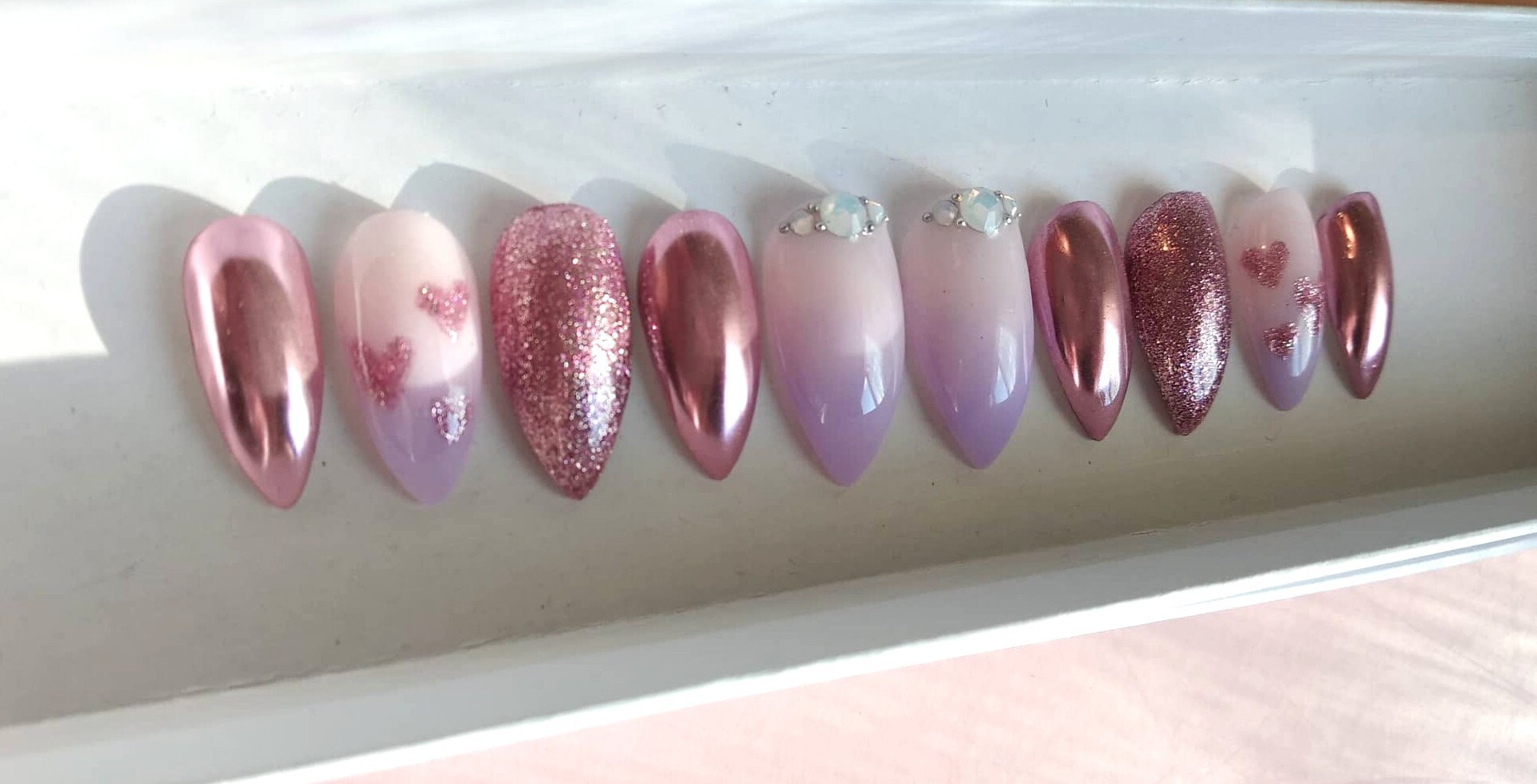 Love Pink Valentines Day Rose Gold Mirror Nails With Opal - Etsy