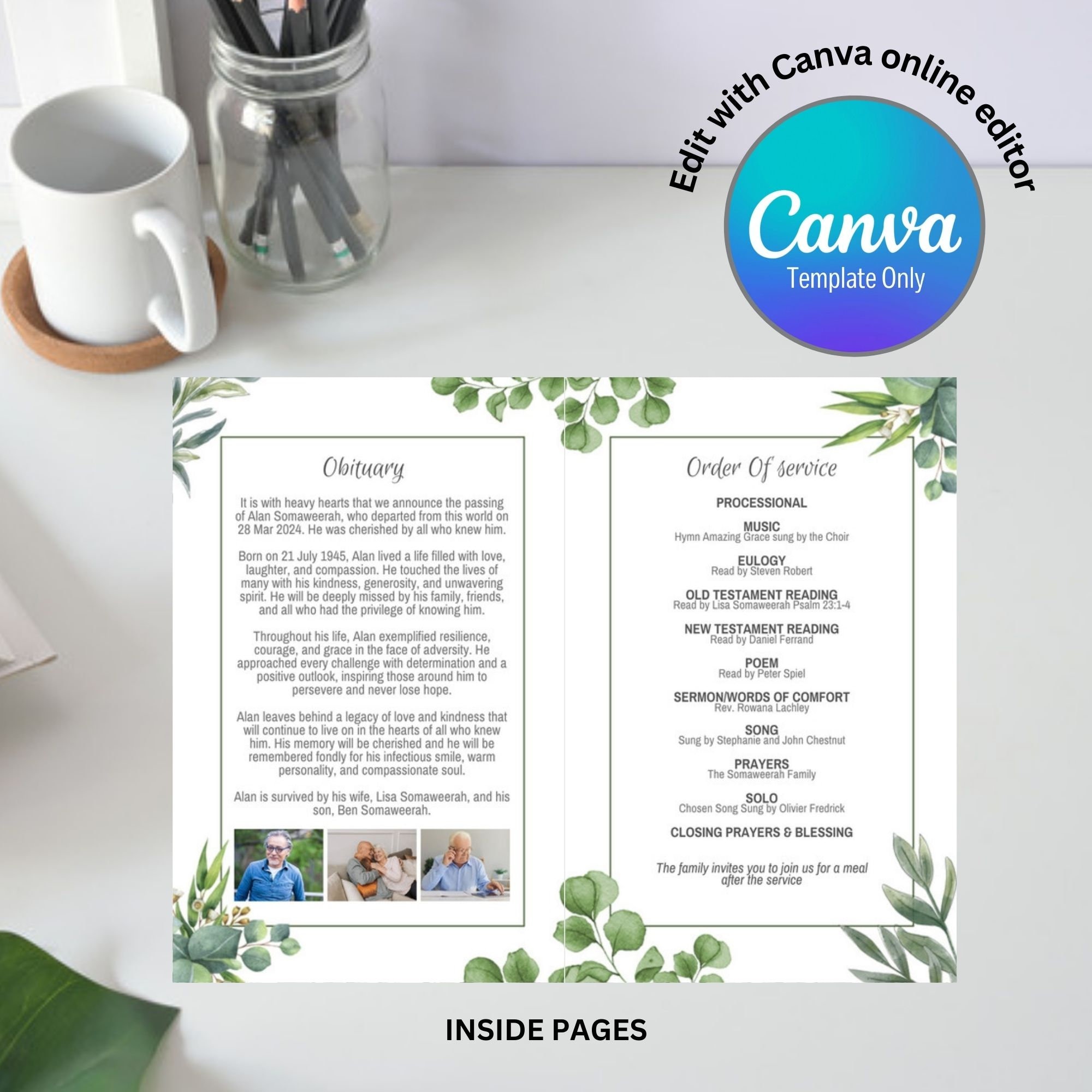 Green Leaves Funeral Program Template, Editable Memorial (digital ...