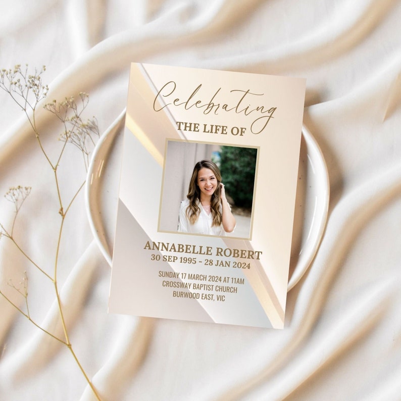 Editable Funeral Program Template, Light Golden Invitation, Obituary ...