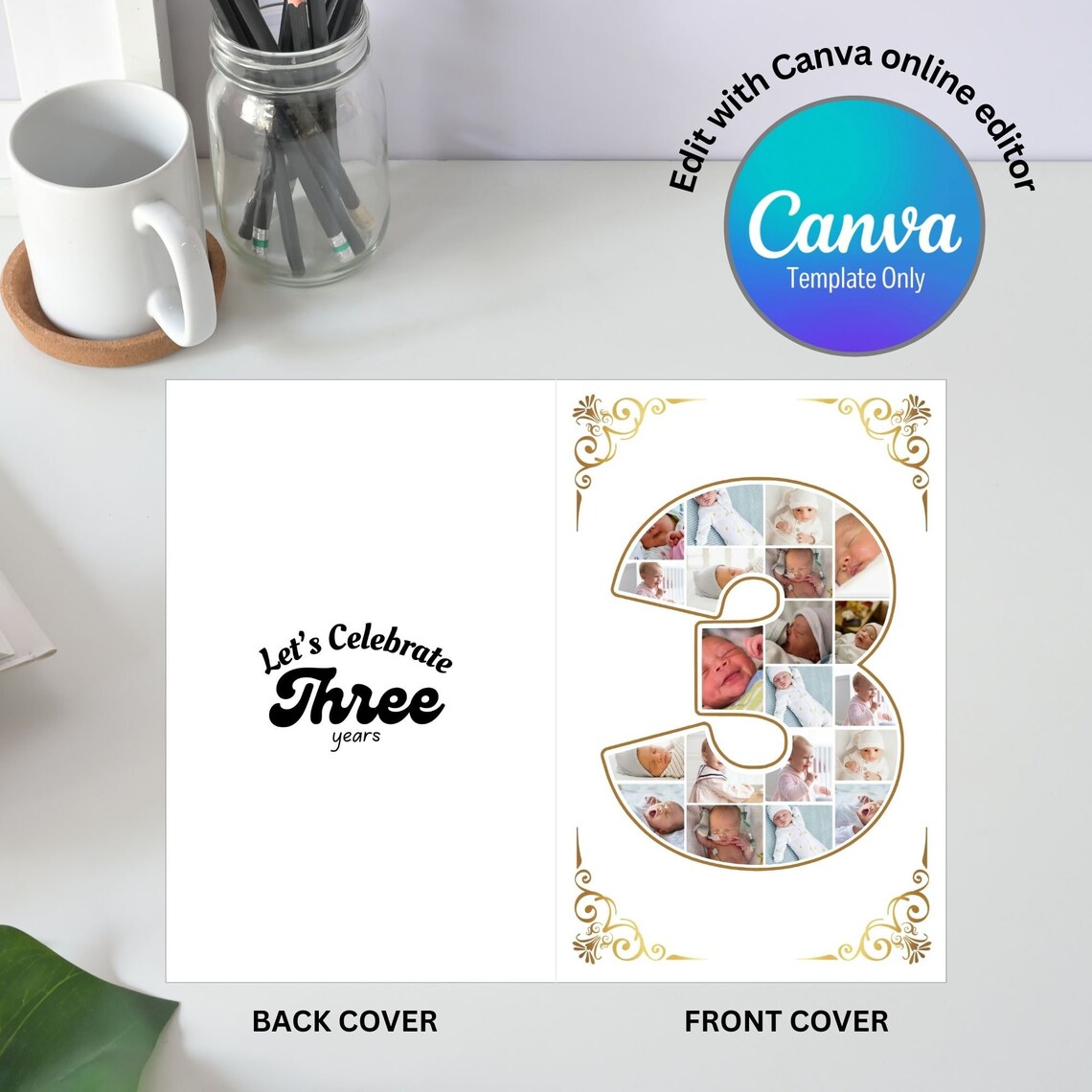 Celebrate 3 Years Photo Collage Card Template, Editable Canva Template ...