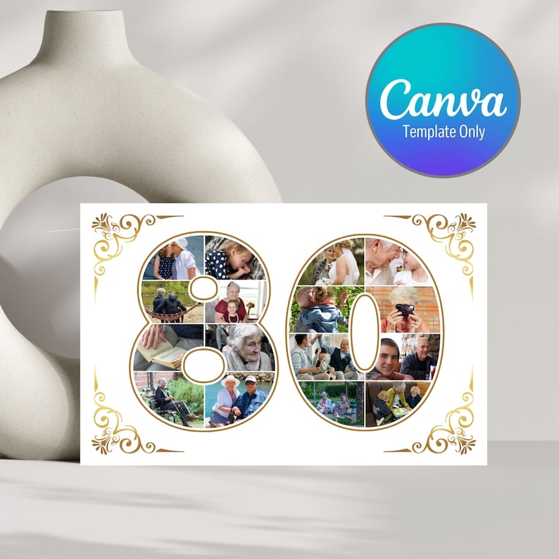 Celebrate 80 Years Photo Collage Card Template, Editable Canva Template ...