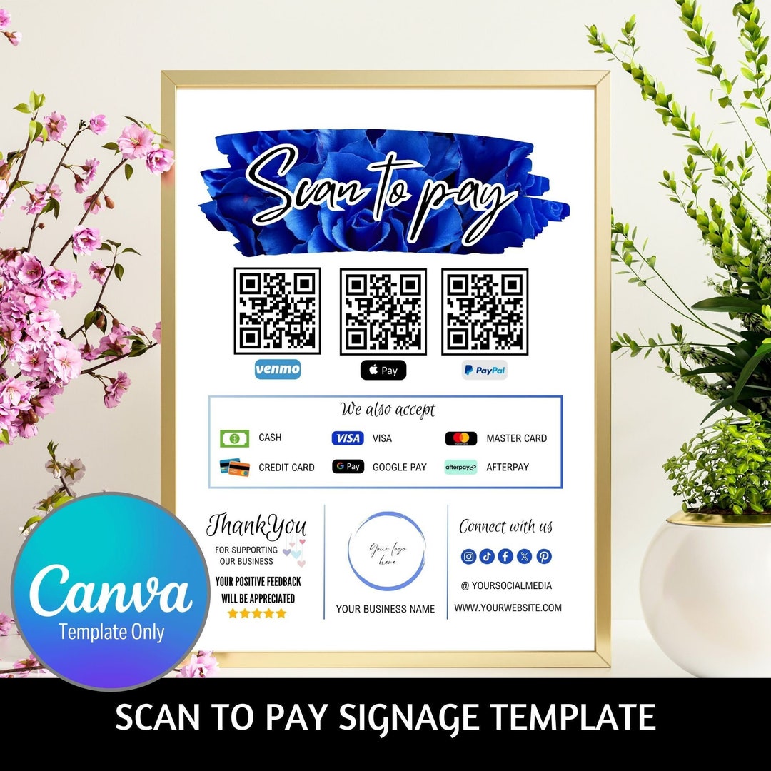 Blue Flowers QR Code Signage, Canva Template Editable, Scan to Pay ...