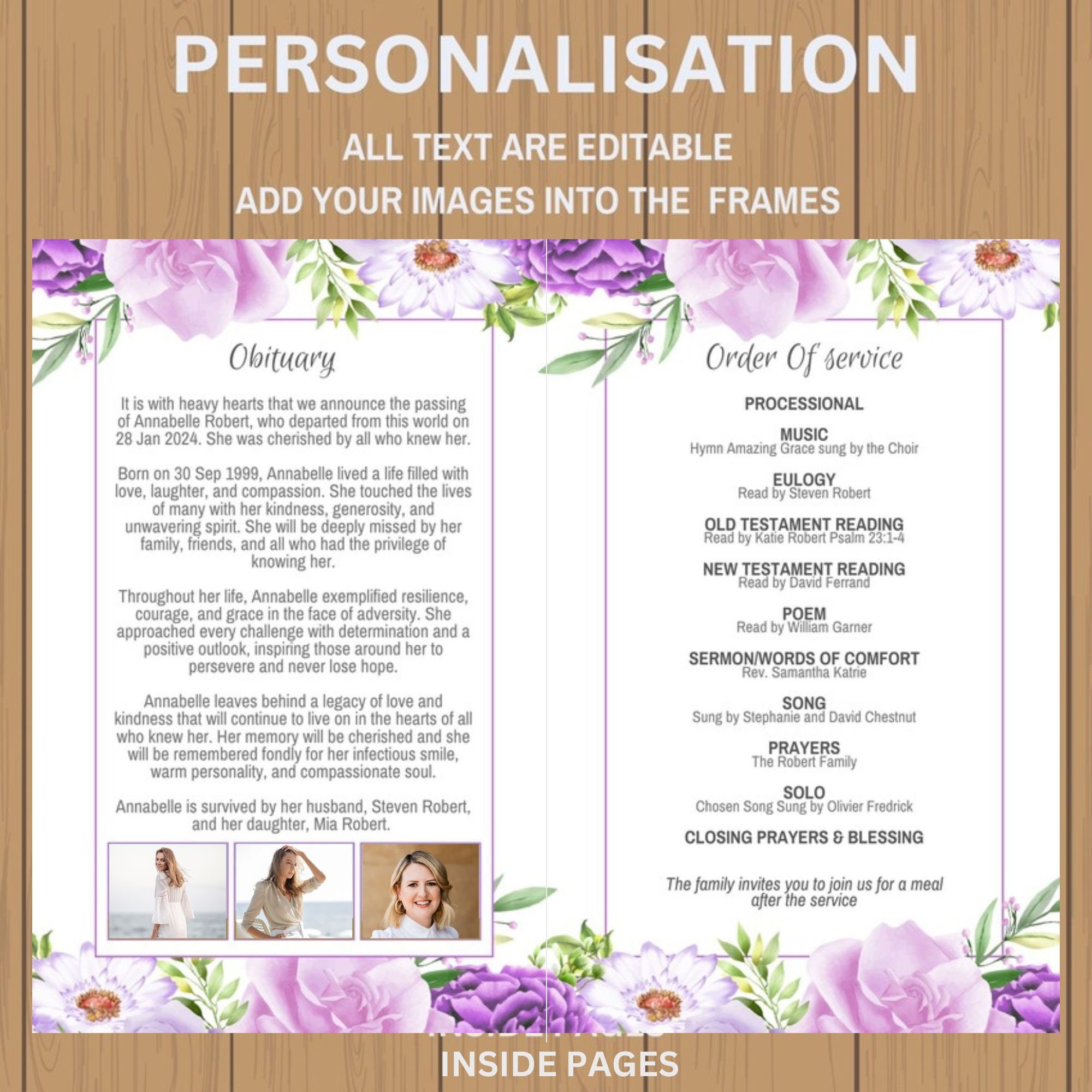 Purple Flowers Funeral Program Template, Memorial, Celebration of Life ...