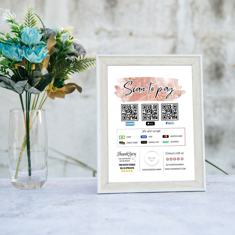 Rose Gold Glitter QR Code Signage, Canva Template Editable, Scan to Pay ...