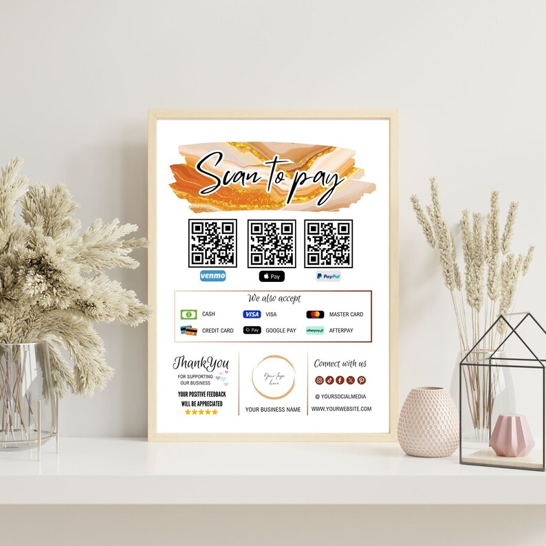 Orange Brown Marble QR Code Signage, Canva Template Editable, Scan to ...