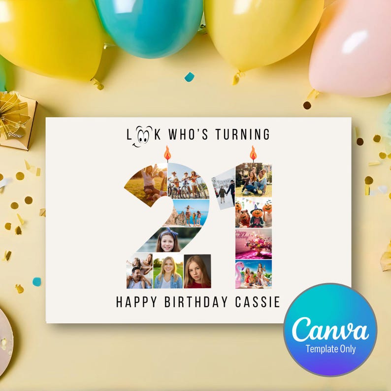 Editable 21st Birthday Photo Card Template, Canva Template Number ...