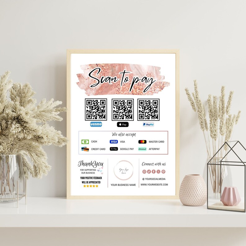 Rose Gold Glitter QR Code Signage, Canva Template Editable, Scan to Pay ...
