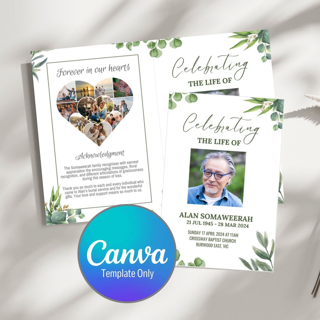 Green Leaves Funeral Program Template, Editable Memorial (digital ...