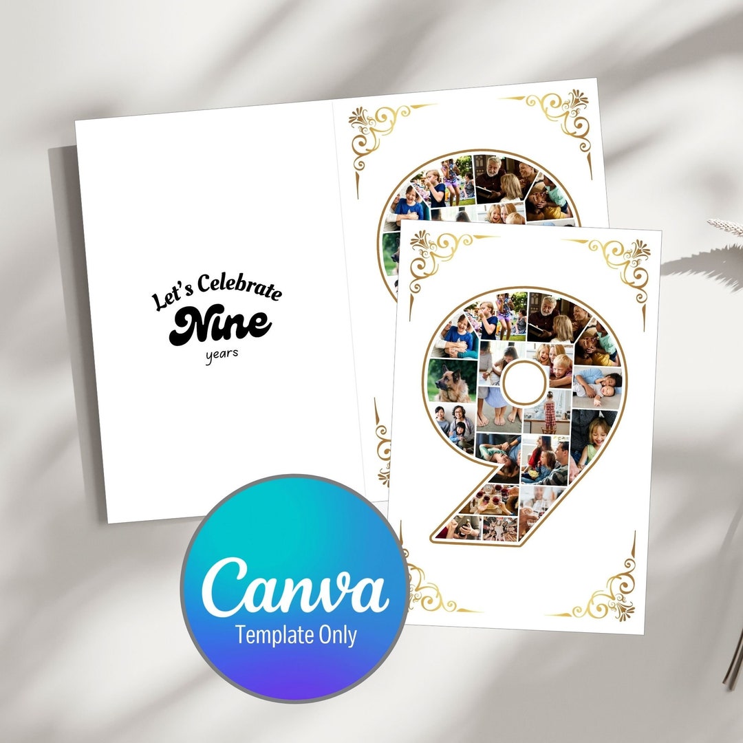 Editable Photo Collage Card Template, Nine Year Celebration Card, Nine ...