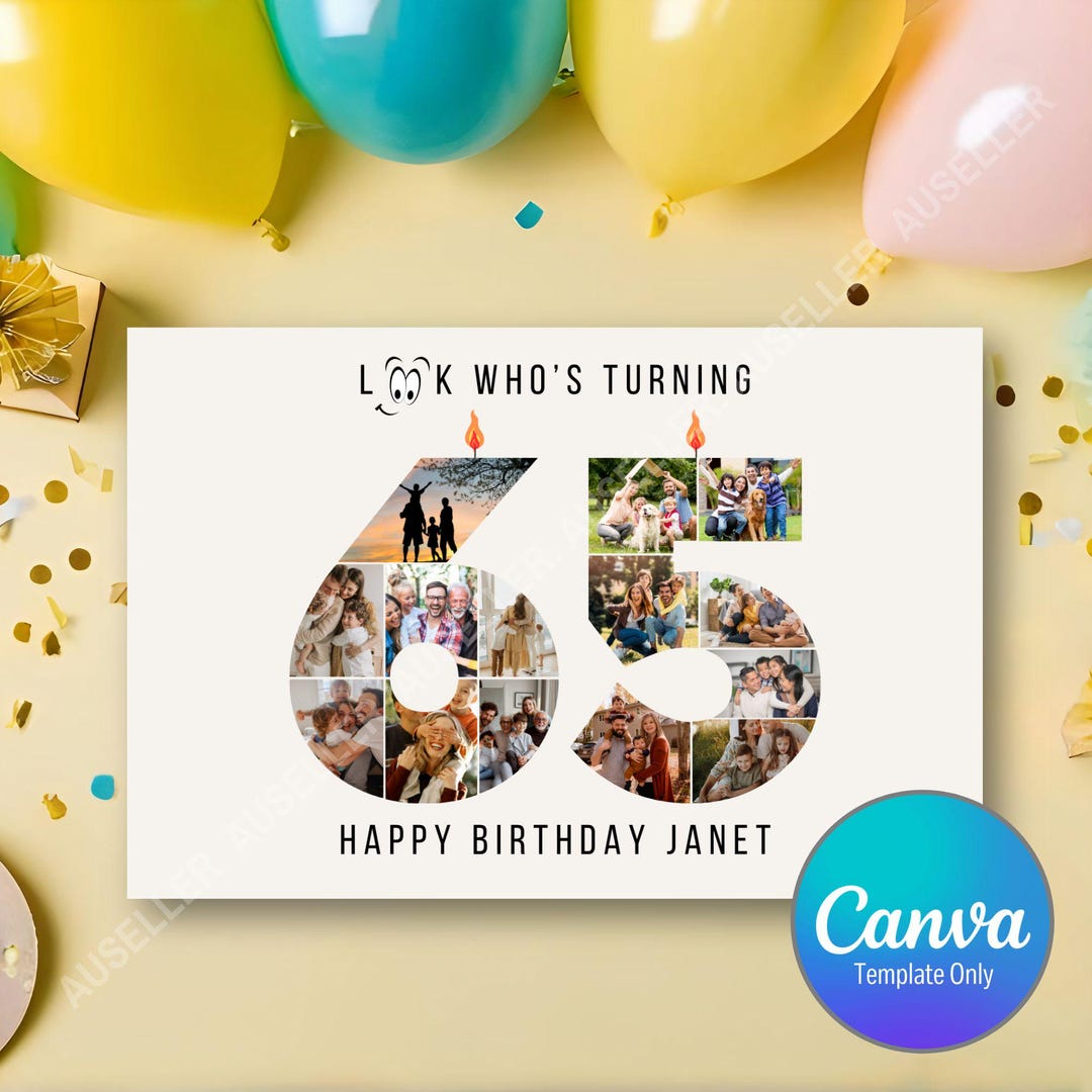 Editable 65th Birthday Photo Card Template, Canva Template Number ...