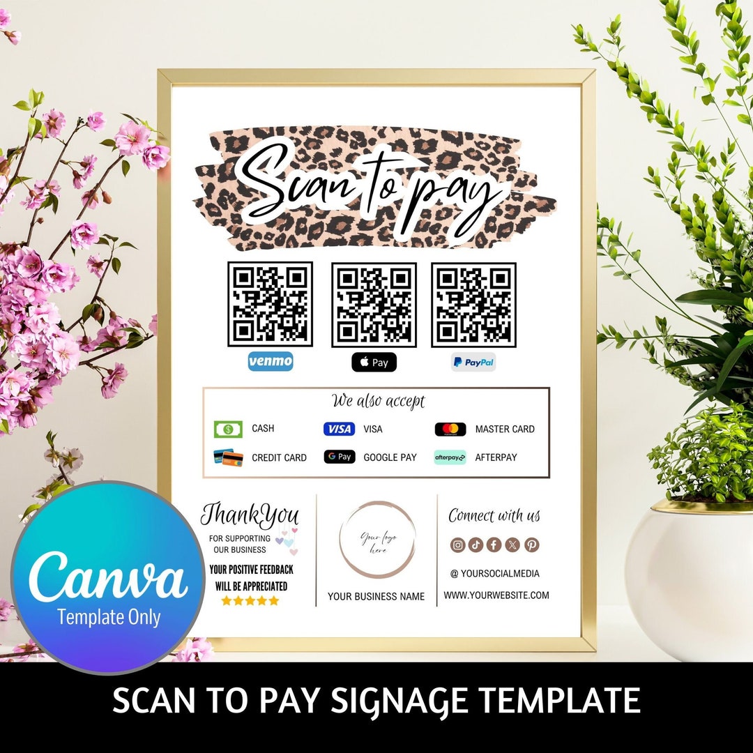 Leopard Print QR Code Signage, Canva Template Editable, Scan to Pay ...
