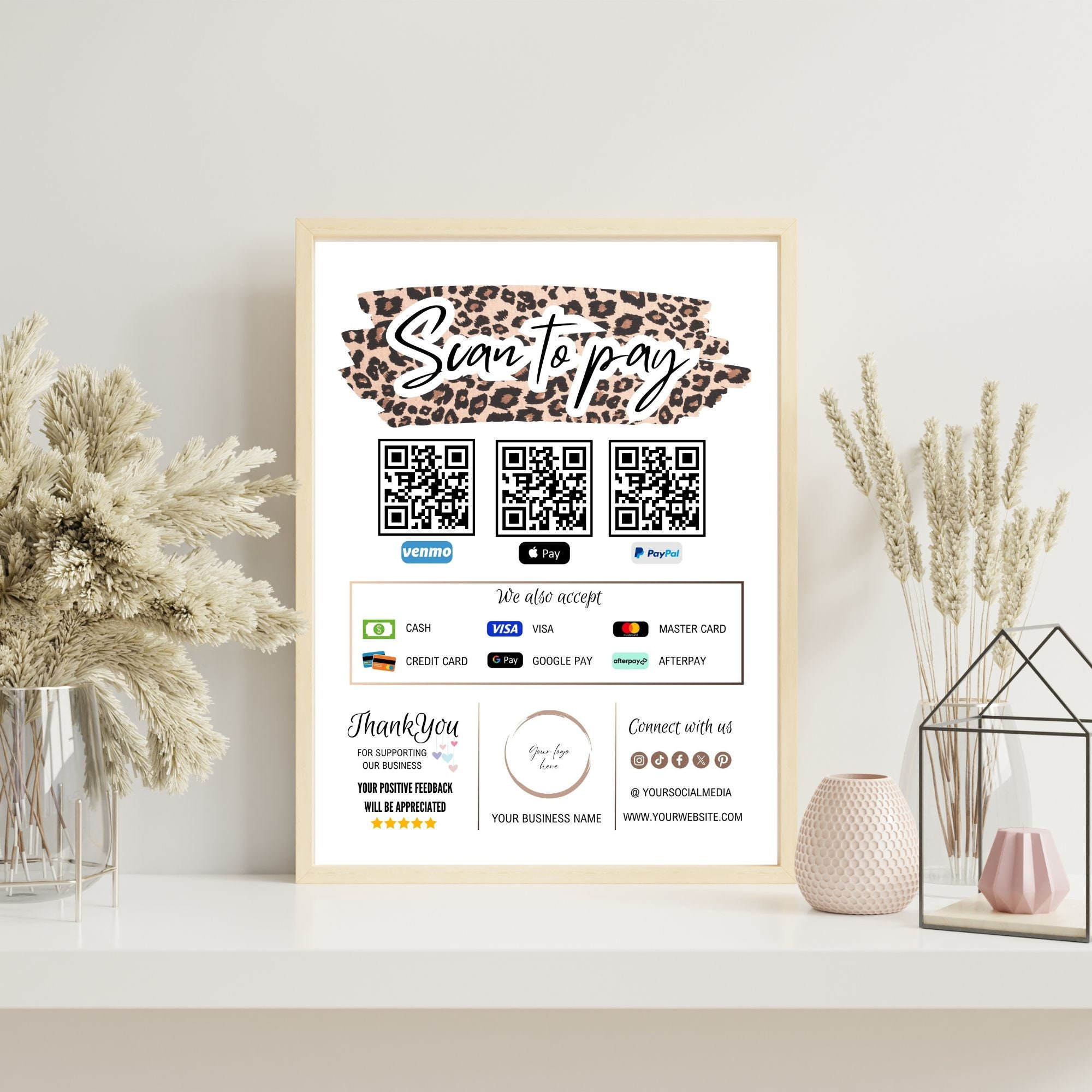 Leopard Print QR Code Signage, Canva Template Editable, Scan to Pay ...
