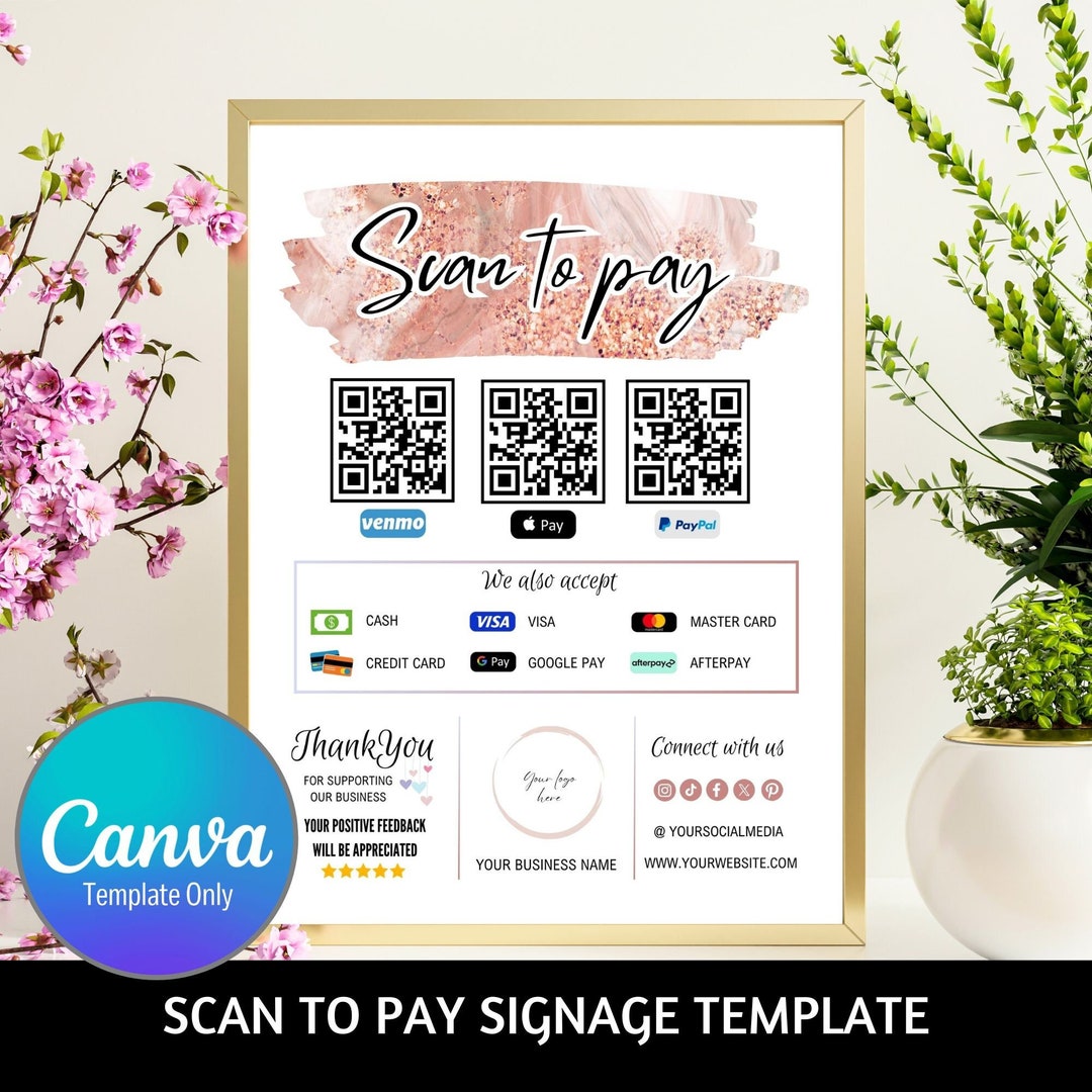 Rose Gold Glitter QR Code Signage, Canva Template Editable, Scan to Pay ...