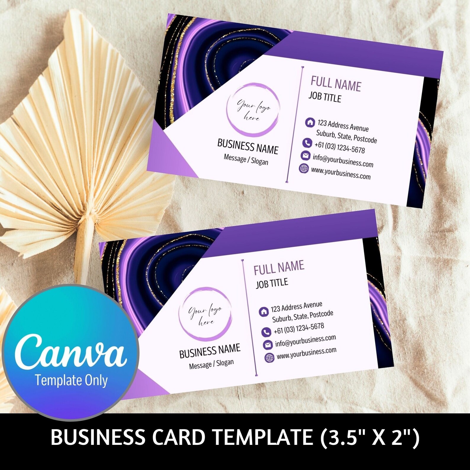 Purple Marble Business Card Template, Editable Canva Design (digital ...