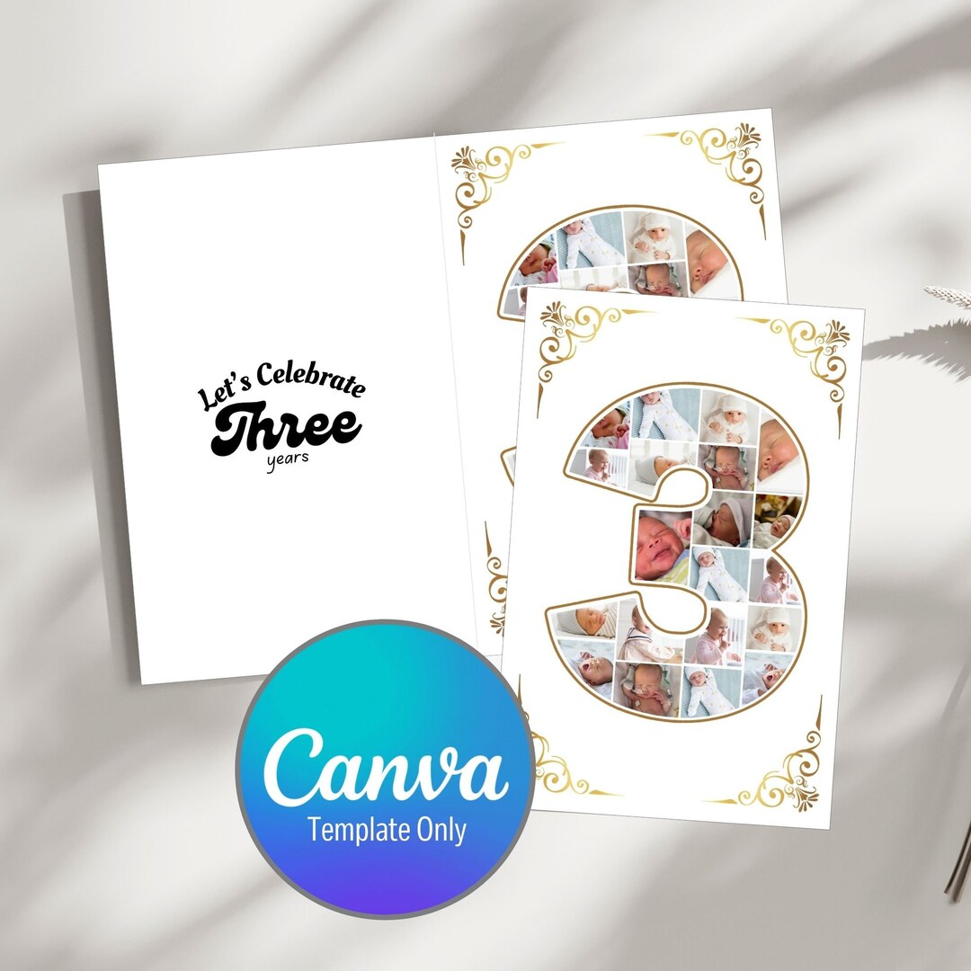 Celebrate 3 Years Photo Collage Card Template, Editable Canva Template ...