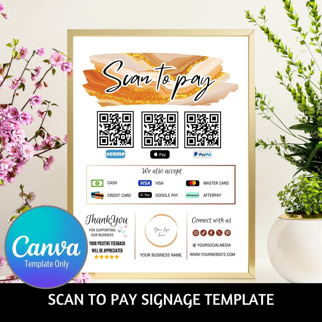 Signalétique QR code en marbre marron orange, modèle canva modifiable ...