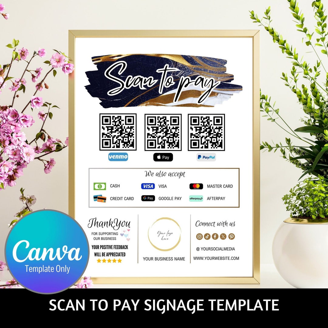 Black Gold Marble QR Code Signage, Canva Template Editable, Scan to Pay ...