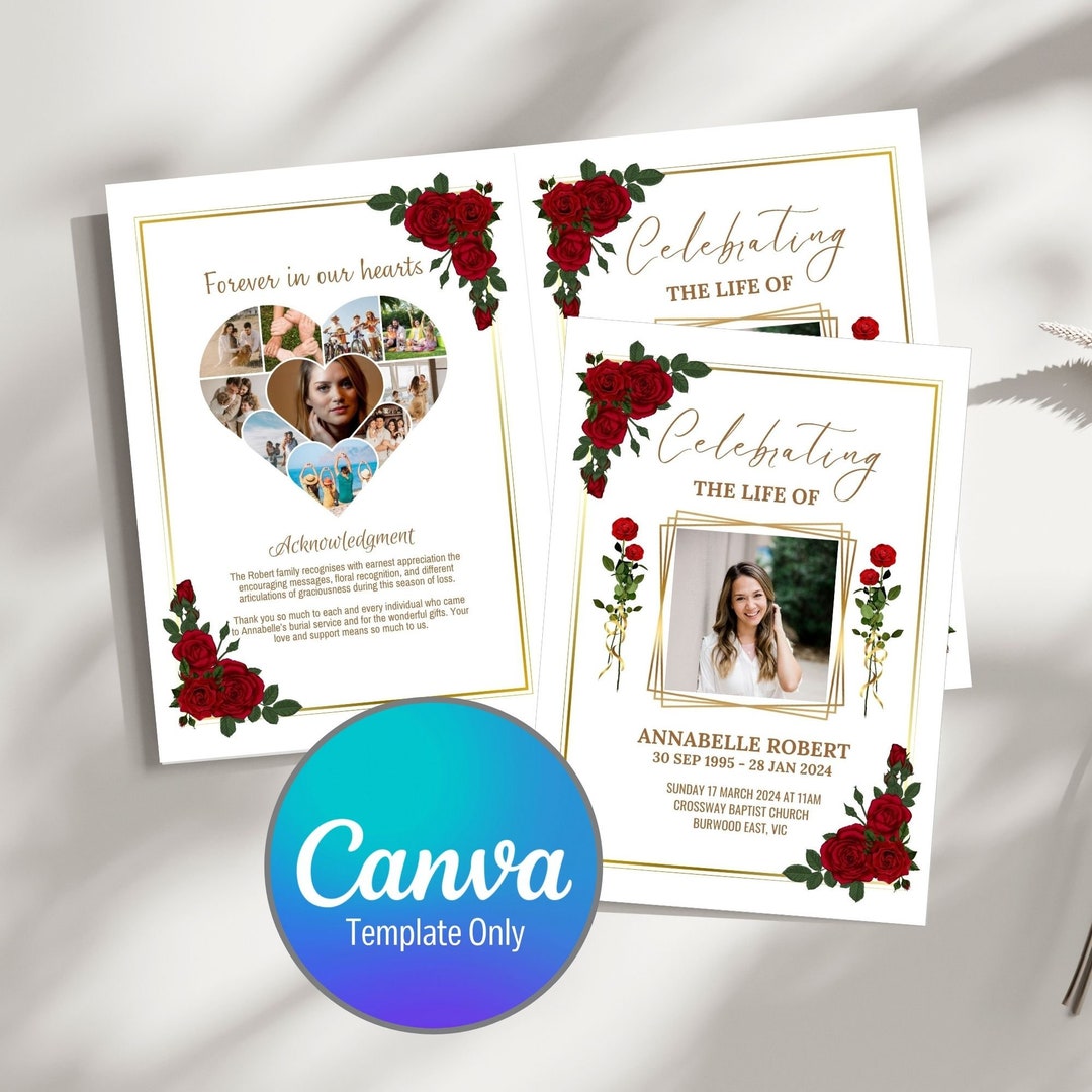 Red Roses Funeral Program Template, Gold Border (editable Canva ...