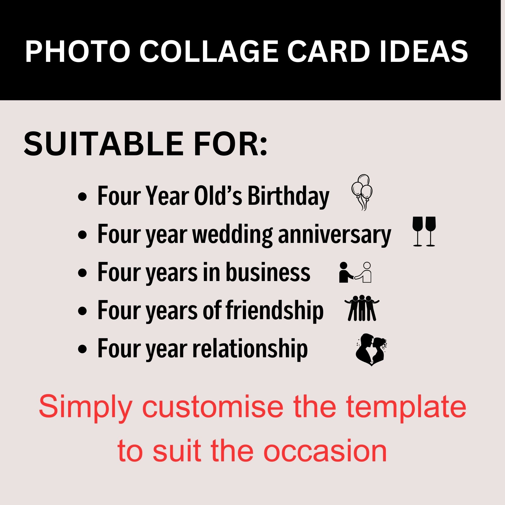 Editable Photo Collage Card Template, Four Year Celebration Card, Four ...