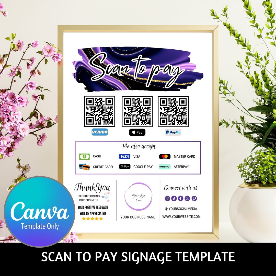 Purple Black Marble QR Code Signage, Canva Template Editable, Scan to ...
