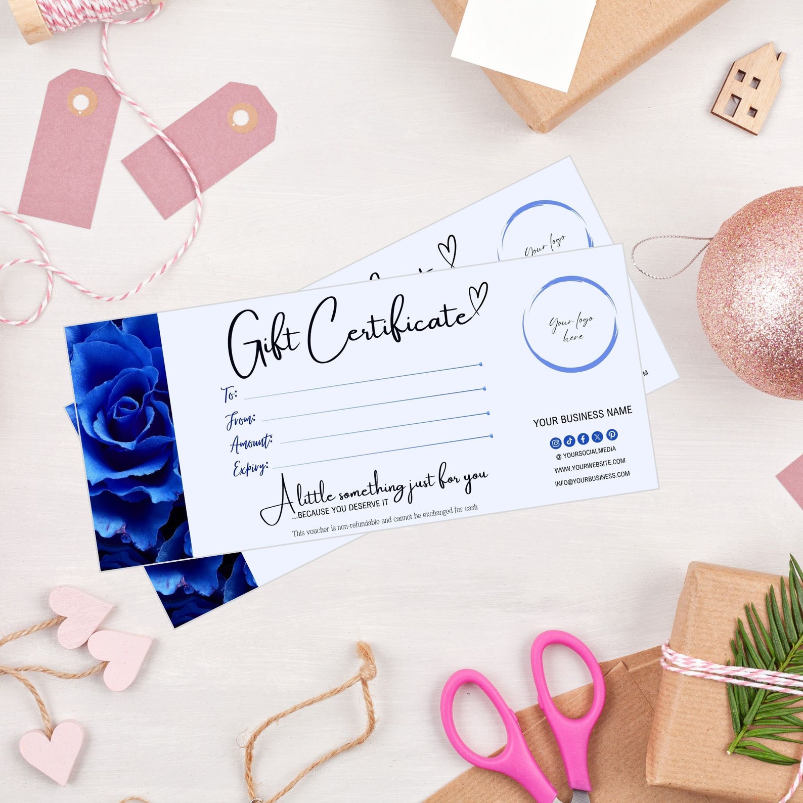 Blue Flowers Gift Certificate Template, Editable Business Template ...