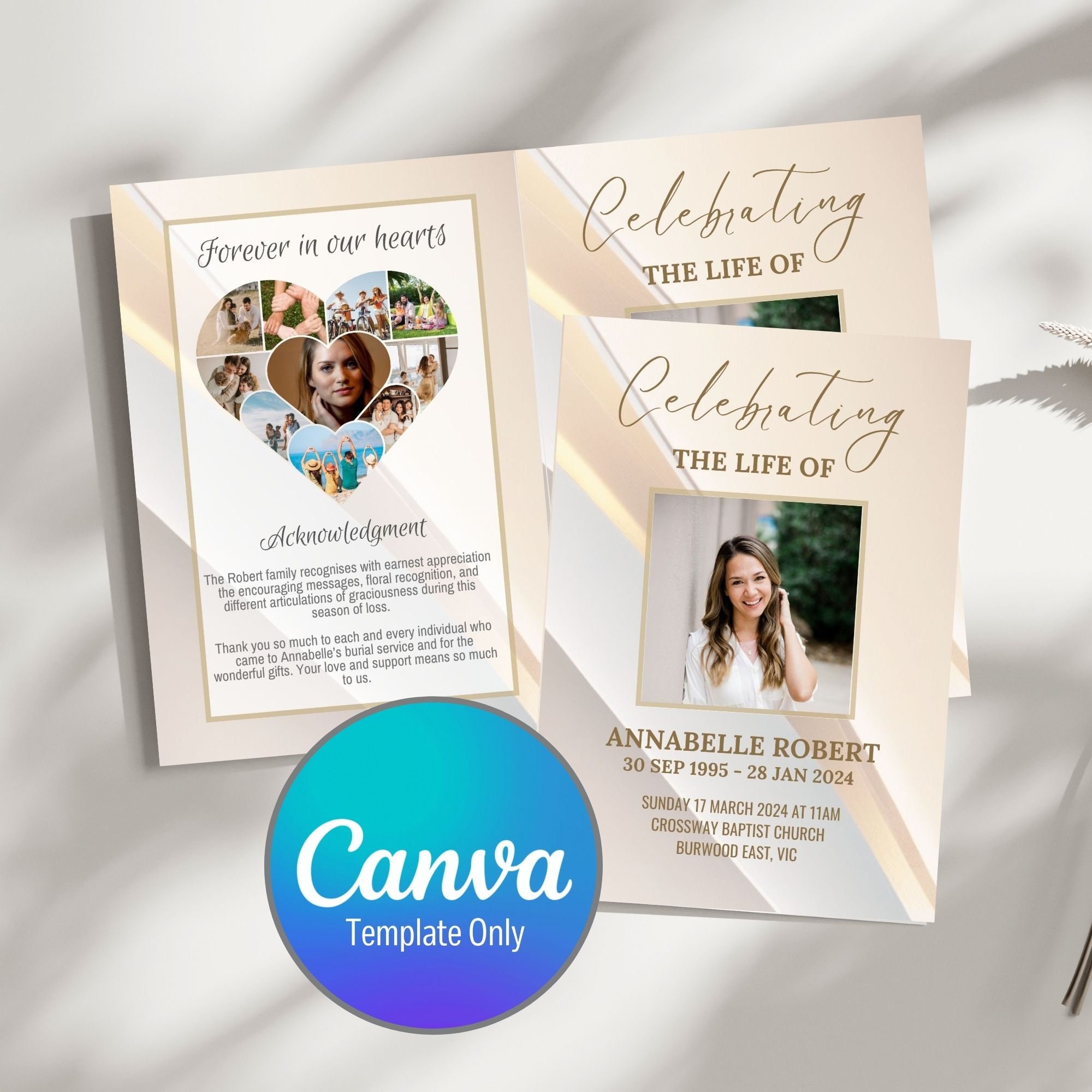 Light Golden Funeral Program Template, Obituary, Celebration of Life ...