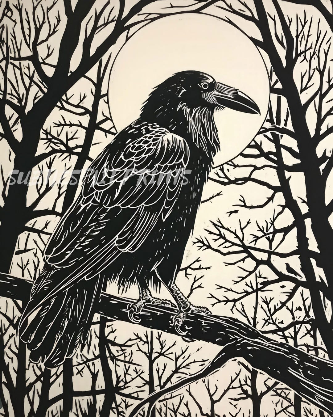 Raven Linocut Illustration 16 Images Bundle | Simple Linocut Style Art ...