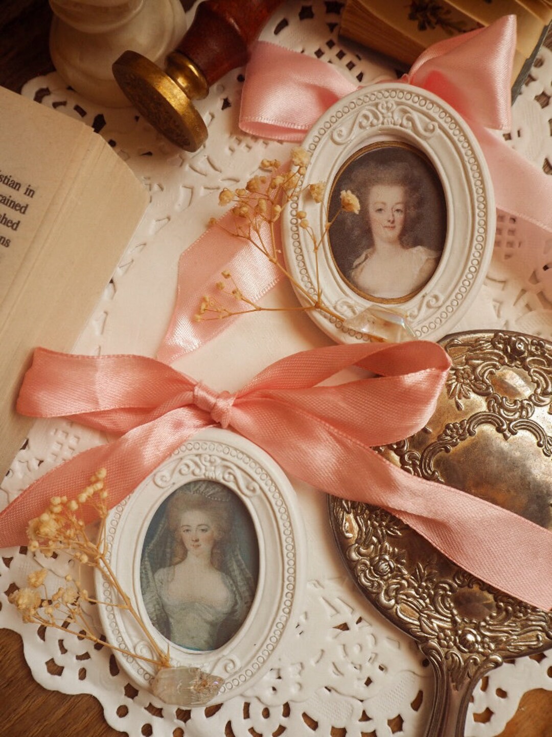 Set of two mini white coquette frames with marie antoinette baroque ...