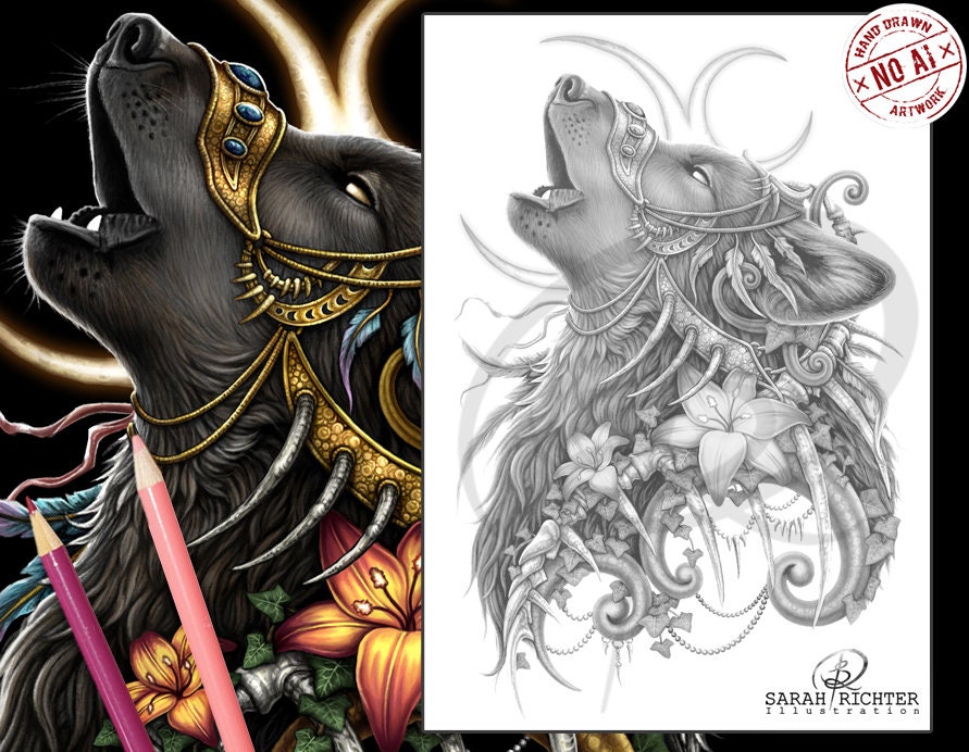 Howling Wolf Greyscale and Line Art Coloring Page Pack Printable PDF by ...