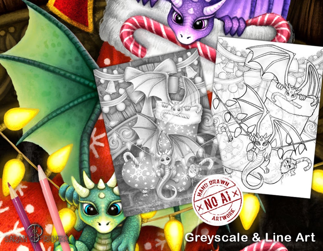 Christmas Dragons Greyscale and Line Art Coloring Page Pack Printable ...