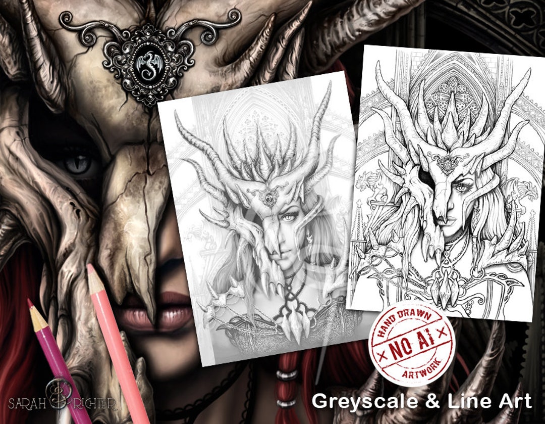 Dragon Mask Greyscale and Line Art Coloring Page Pack Printable PDF by ...