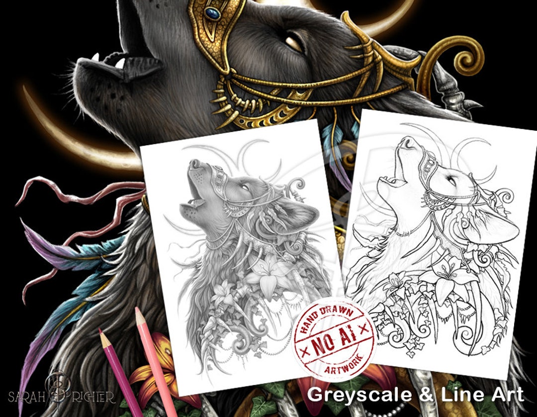 Howling Wolf Greyscale and Line Art Coloring Page Pack Printable PDF by ...