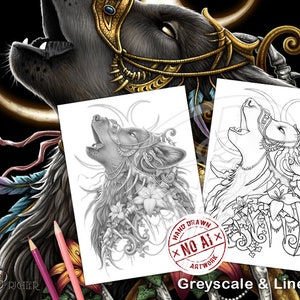 Howling Wolf Greyscale and Line Art Coloring Page Pack Printable PDF by ...