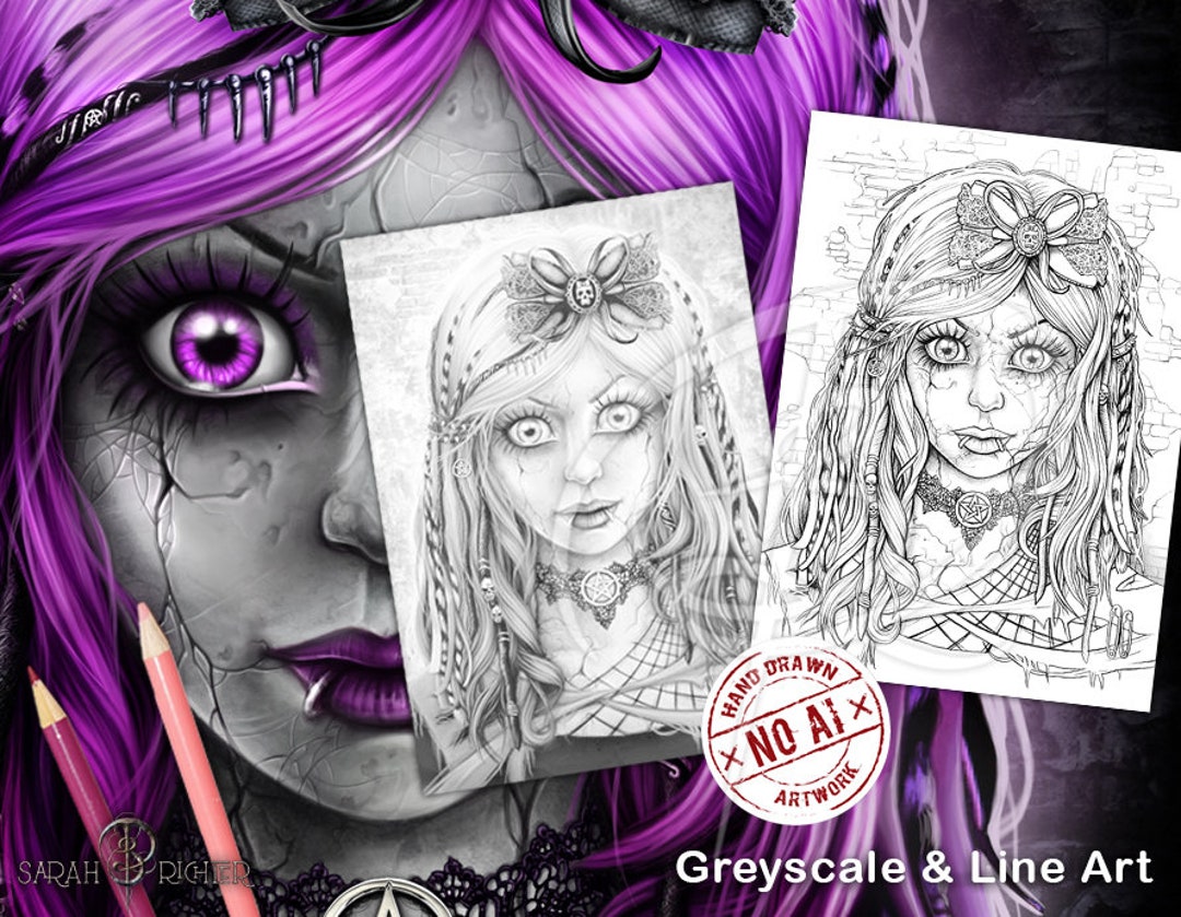 Gothic Doll Greyscale and Line Art Coloring Page Pack Printable PDF by ...