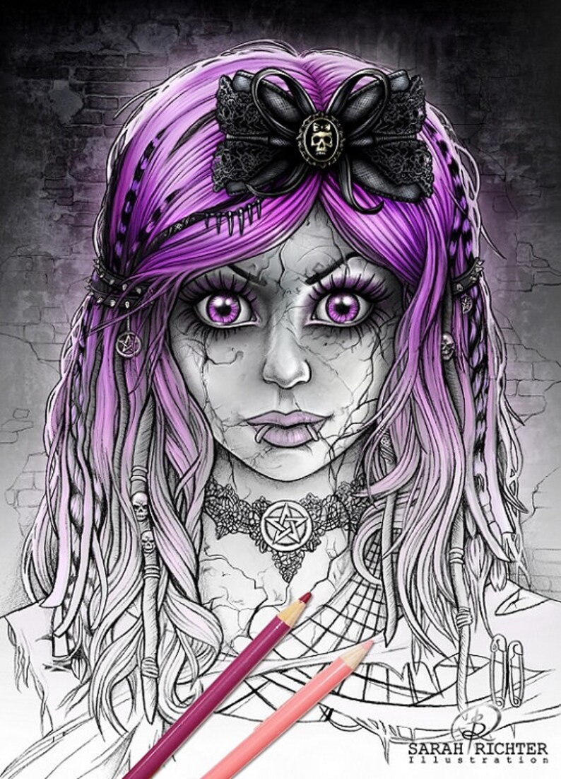 Gothic Doll Greyscale and Line Art Coloring Page Pack | Etsy