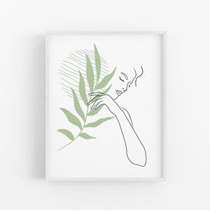 Woman Botanical Line Art Print, Sage Green One Line Drawing, Printable ...