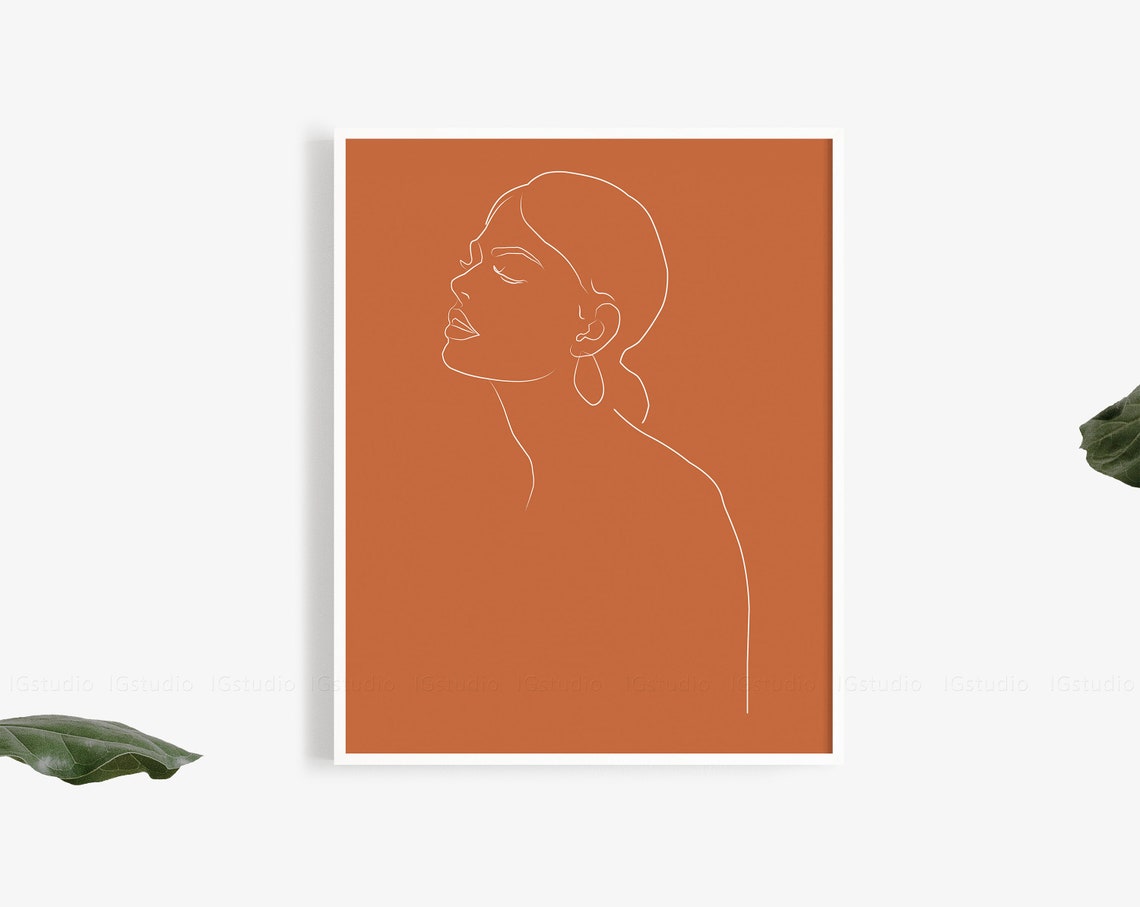 Burnt Orange Line Drawing Woman Print Boho Abstract Wall | Etsy