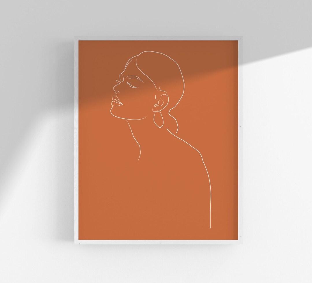 Burnt Orange Line Drawing Woman Print, Boho, Abstract Wall Art, One ...