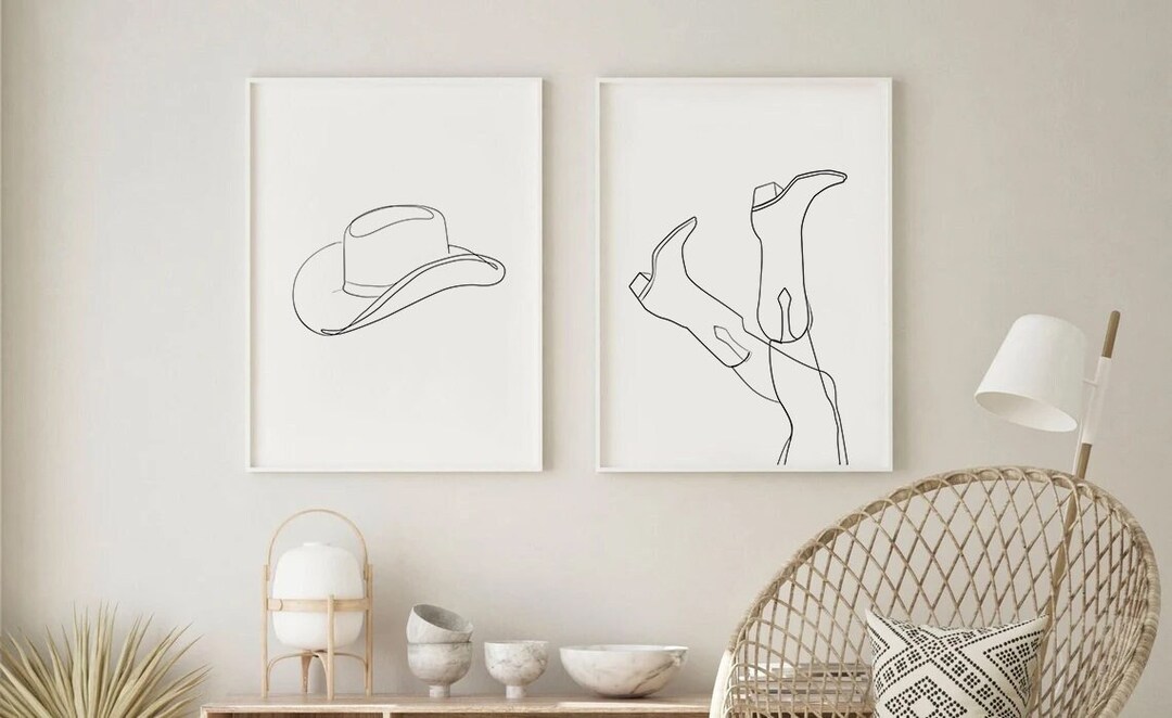 Set of 2 Cowboy Line Art Prints, Western Wall Art, Nashville Decor, One ...