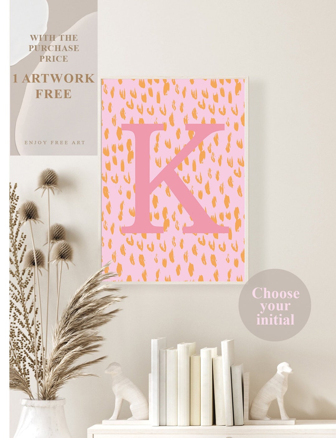 Personalized Letter Art Print, Custom Initial Poster, Pink Orange Wall ...