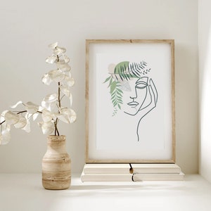 Woman Face Botanical Line Art Print, Sage Green One Line Drawing ...