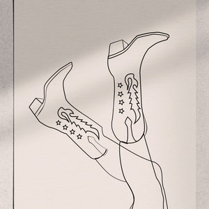 Western Cowboy Boots Line Art Print, Groovy Cowgirl Wall Art, One Line ...