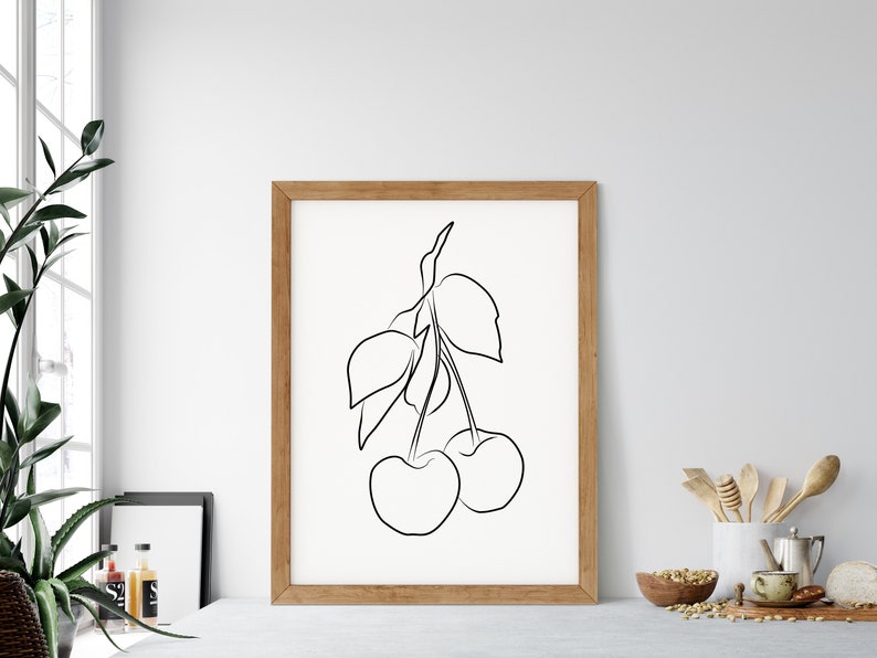 Cherry Line Art Print, Botanical Line Drawing Artwork, Single Line ...