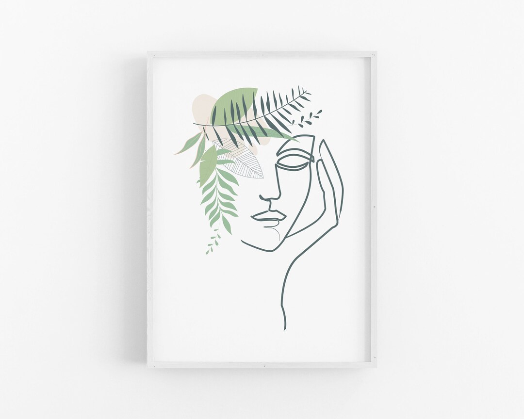 Woman Face Botanical Line Art Print, Sage Green One Line Drawing ...