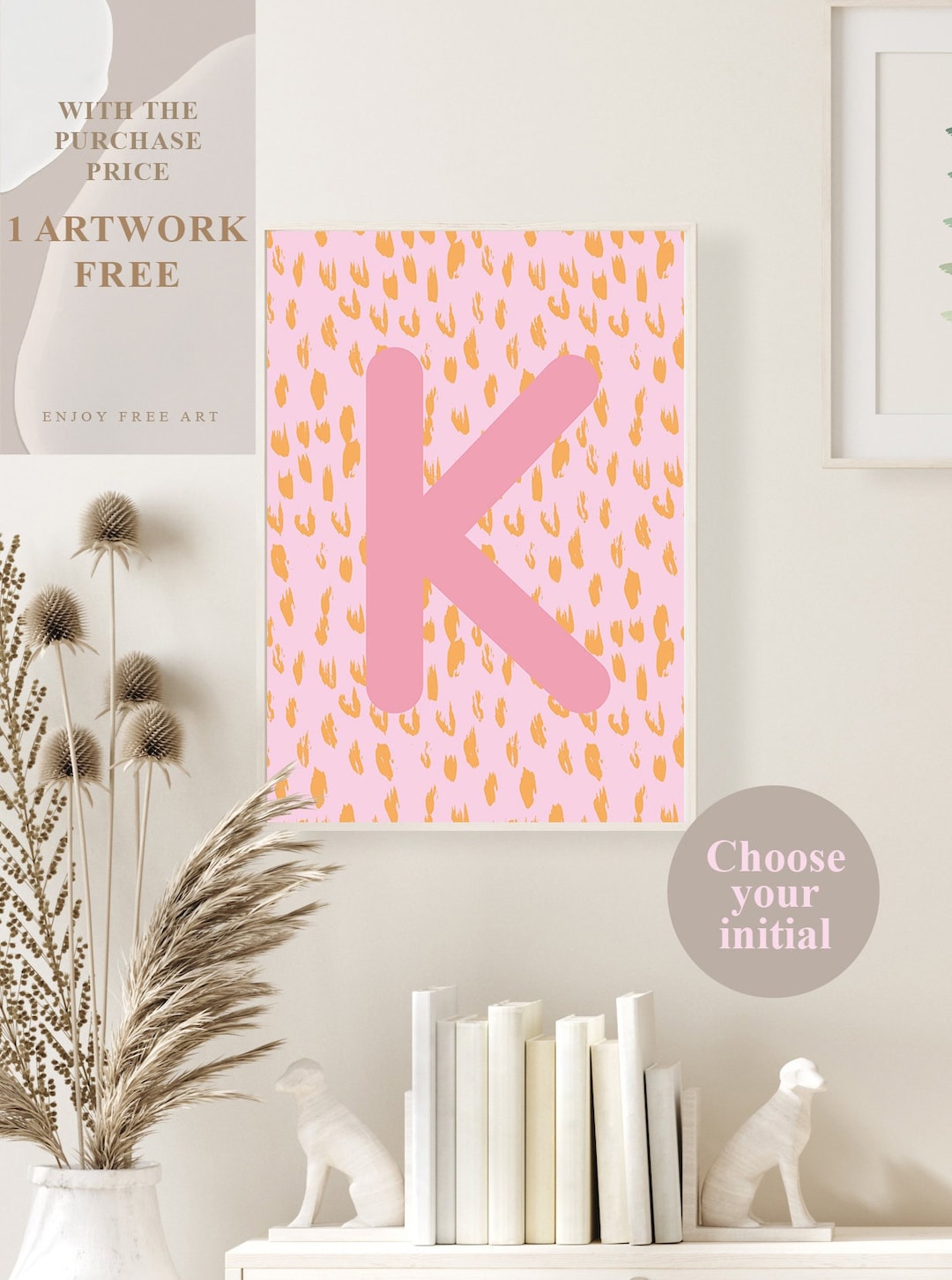 Personalized Letter Art Print, Custom Initial Poster, Pink Orange Wall ...